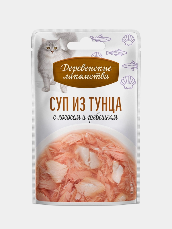 Суп из тунца Деревенские лакомства для кошек, лосось и гребешки, 35 г ...